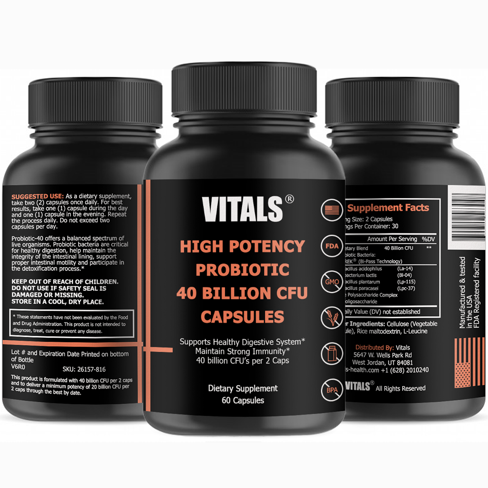 High Potency Probiotic 40 Billion CFU Capsules – Vitals Supplements